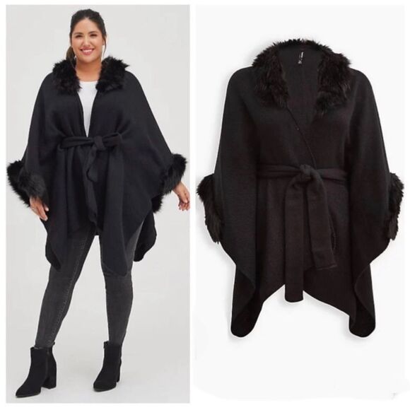 torrid | Jackets & Coats | Torrid Fauxfur Trim Belted Ruana Sweater ...